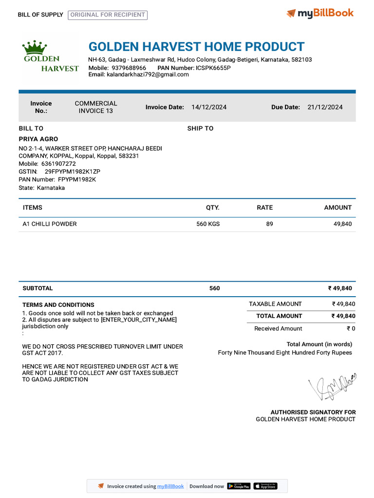 COMMERCIAL INVOICE 13-Sales invoice-PRIYA AGRO | PDF