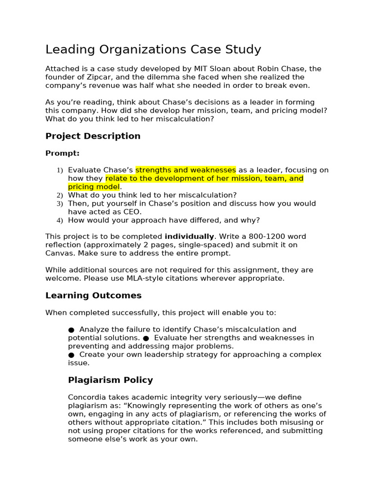 Prompt and Rubric (Leading Organizations Case Study) - 1 | PDF | Leadership | Plagiarism