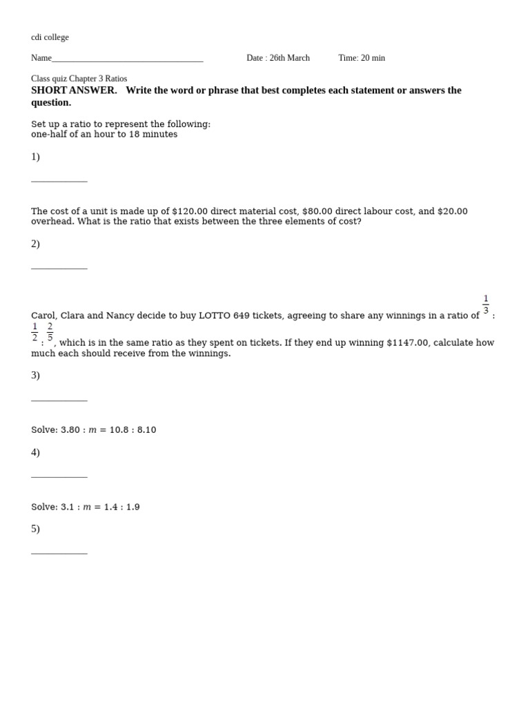 Chapter 3 Class Test Ratio | PDF