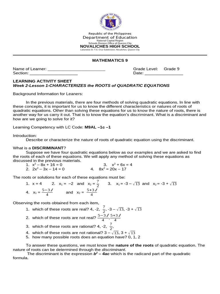 Week 2 Math 9 2 Lessons On Roots of Quadratic Equations | PDF ...