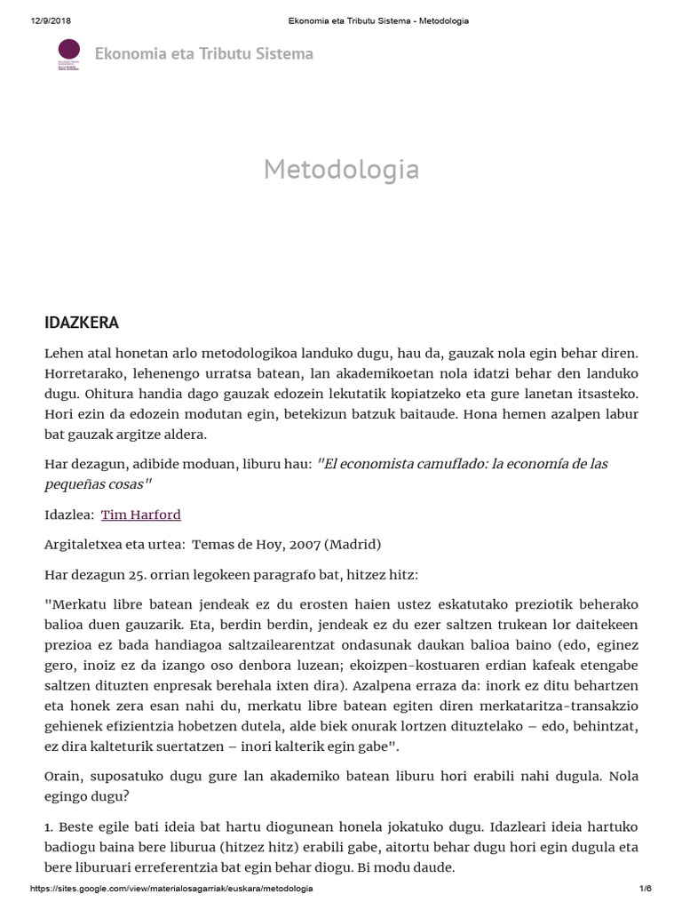 Ekonomia eta Tributu Sistema - Metodologia TEMA 1B | PDF