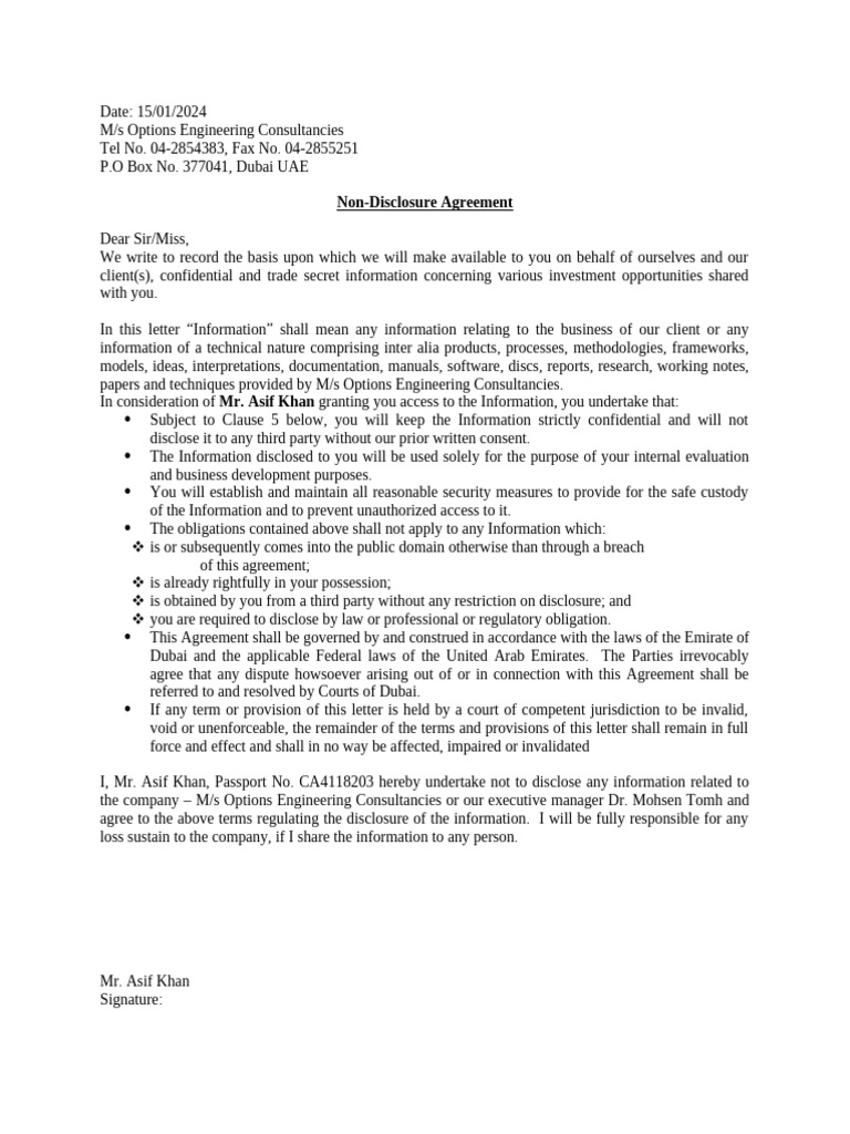 Undertaking Letter | PDF | Non Disclosure Agreement | Business Law