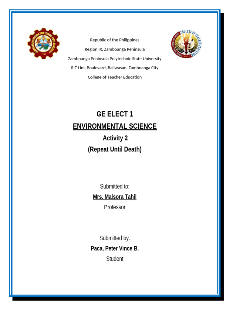 GE ELECT 1 ENVRONMENTAL SCIENCE Activity 2 | PDF