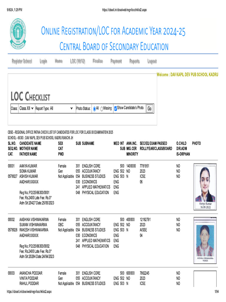 Class Xii Loc 2024-25 | PDF