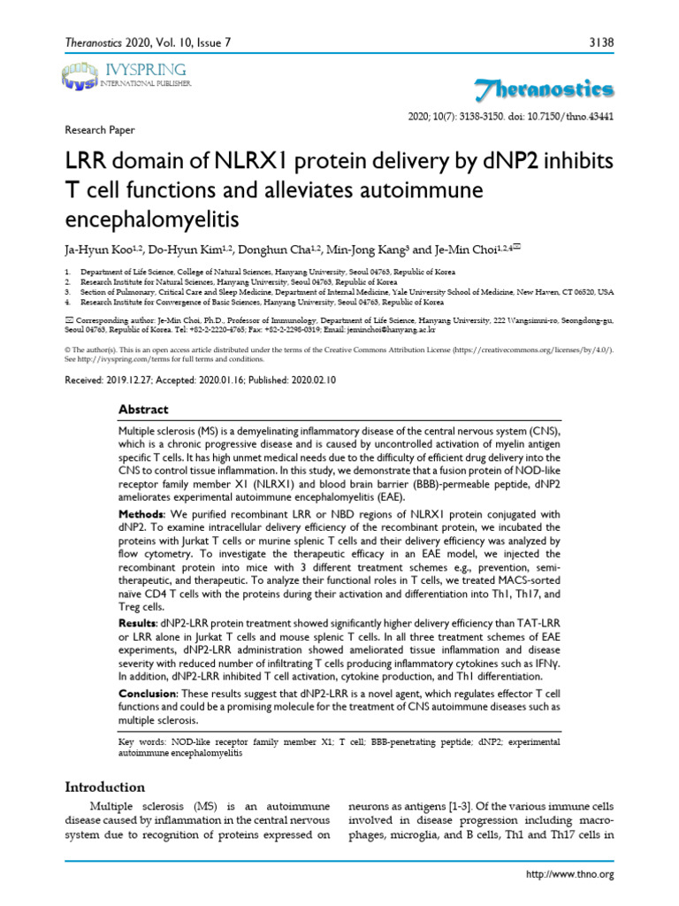 LRR Domain of NLRX1 Protein Delivery by DNP2 Inhibits T Cell Functions ...