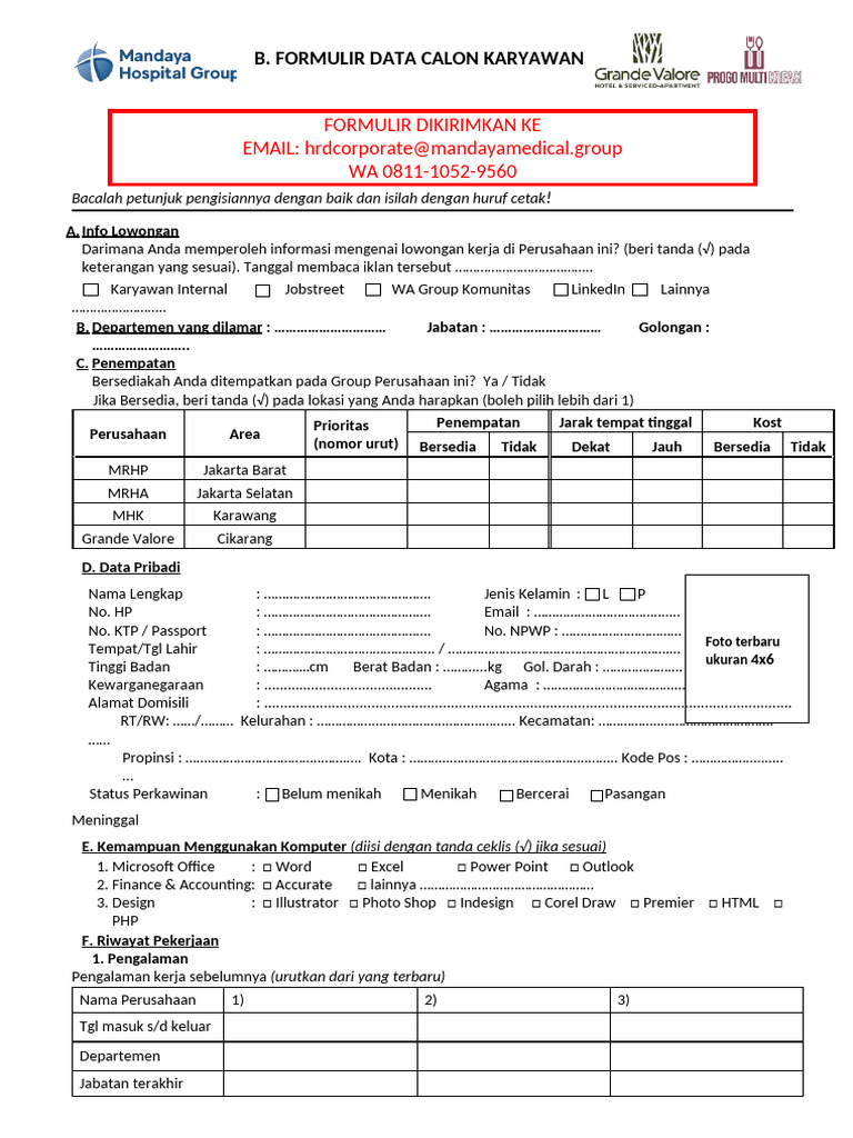 B. FORMULIR DATA CALON KARYAWAN (Revisi 30 Juli 2024) | PDF