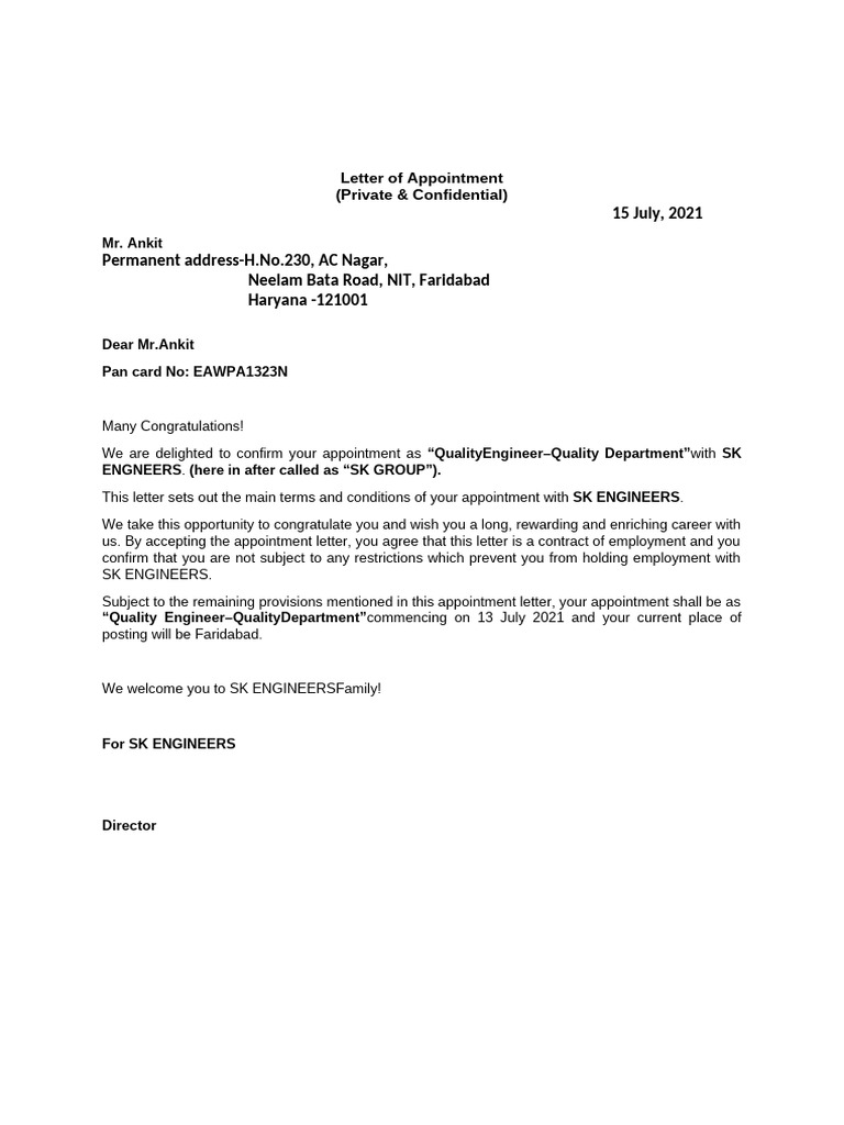 Appointment Letter - Ankit | PDF | Employment | Indemnity