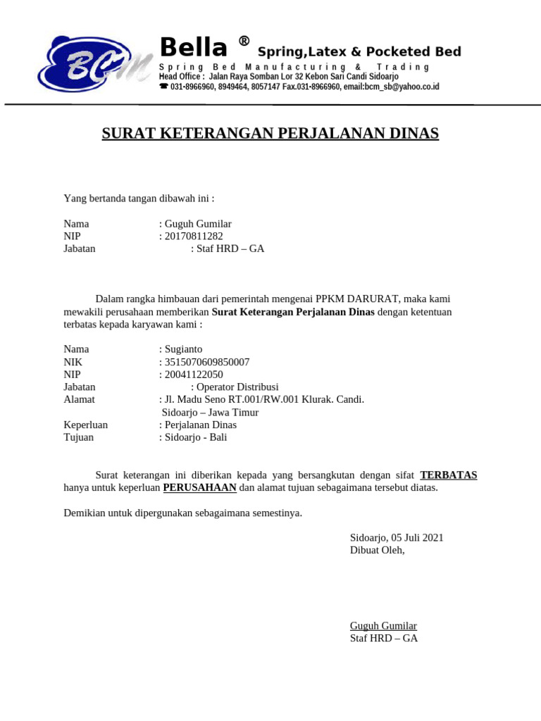 Surat Keterangan Perjalanan Dinas | PDF
