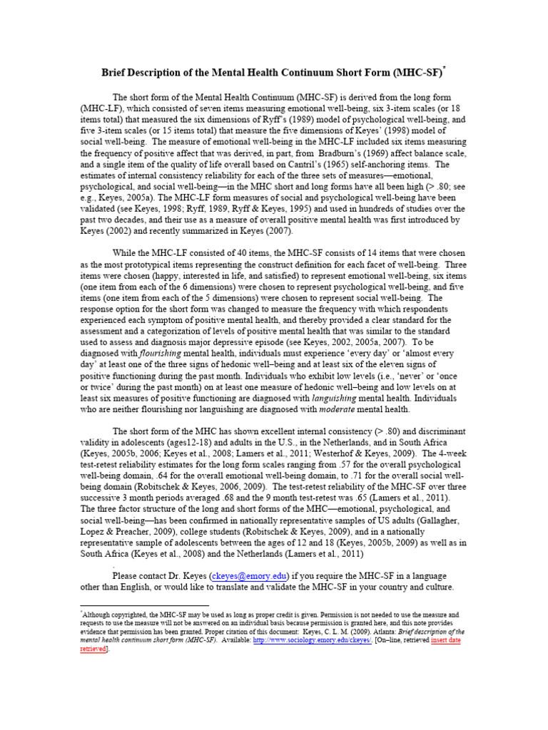Mental Health Continuum Short Form (MHC-SF) - 短版心理健康連續量表 | PDF | Well ...