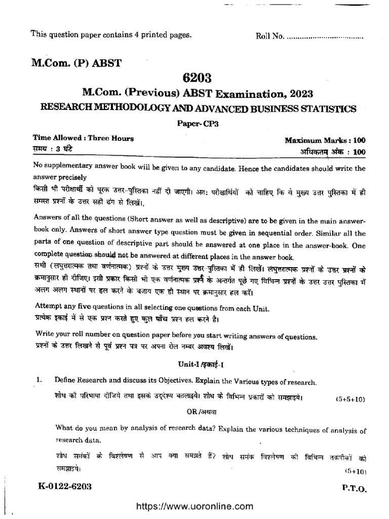 Mcom Part 1 Research Methodology and Advanced Business Statistics 6203 2023 | PDF