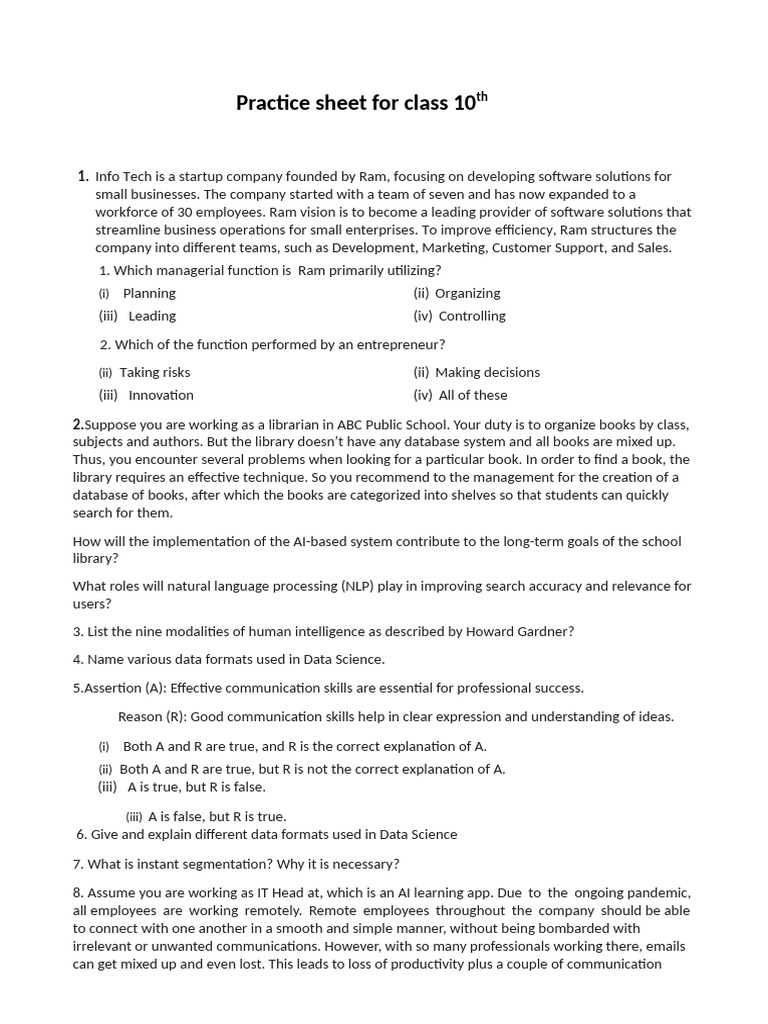 Practice Sheet For Class 10th | PDF | Artificial Intelligence ...