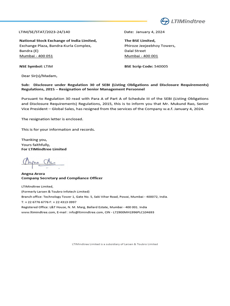 LTIM 04012024202132 IntimationofresignationofSMP | PDF | Financial ...