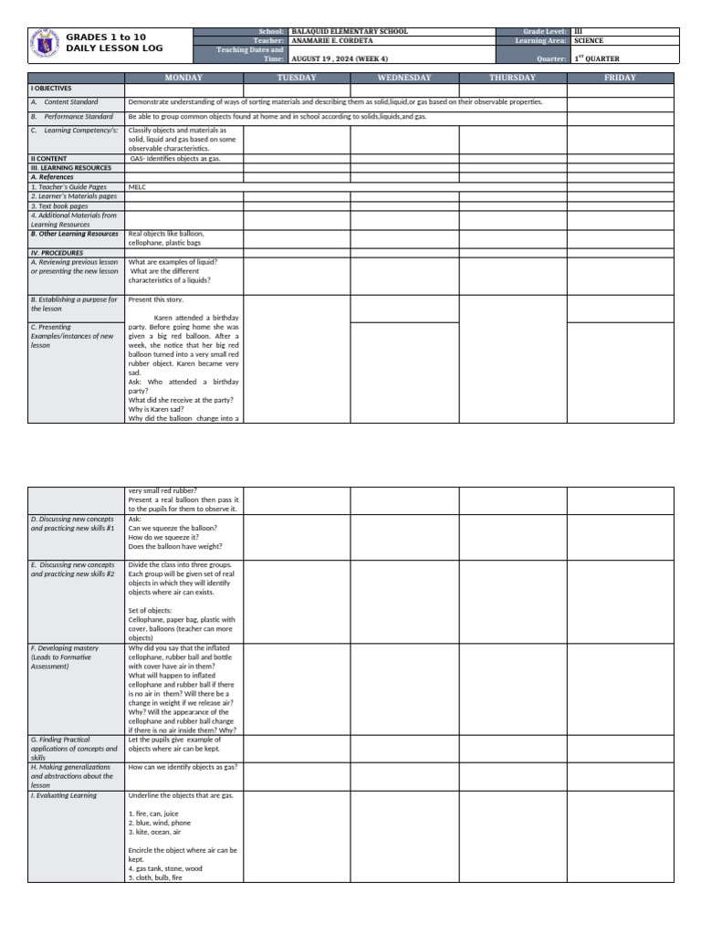 DLL Science-3 Q1 W4-Aug.1924-Gas | PDF | Learning | Behavior Modification