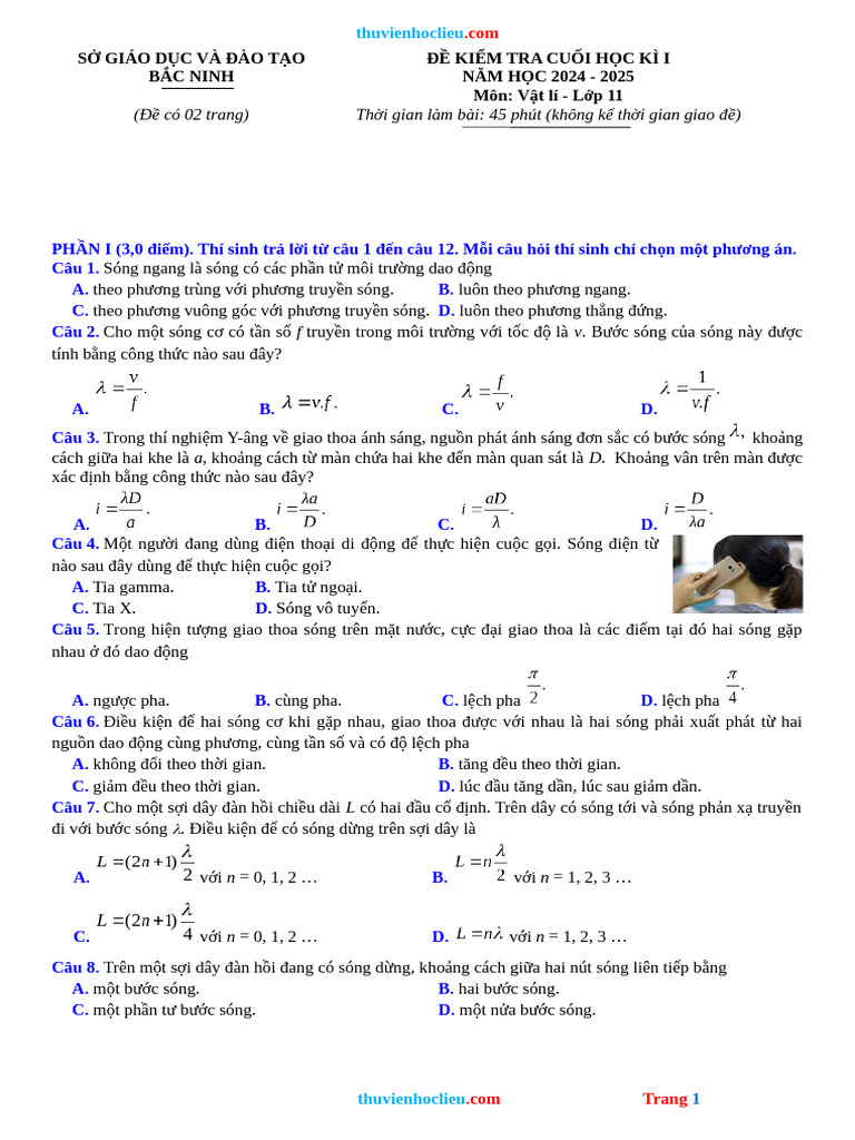 De Kiem Tra Cuoi HK1 Vat Li 11 SO GD Bac Ninh 24 25 | PDF