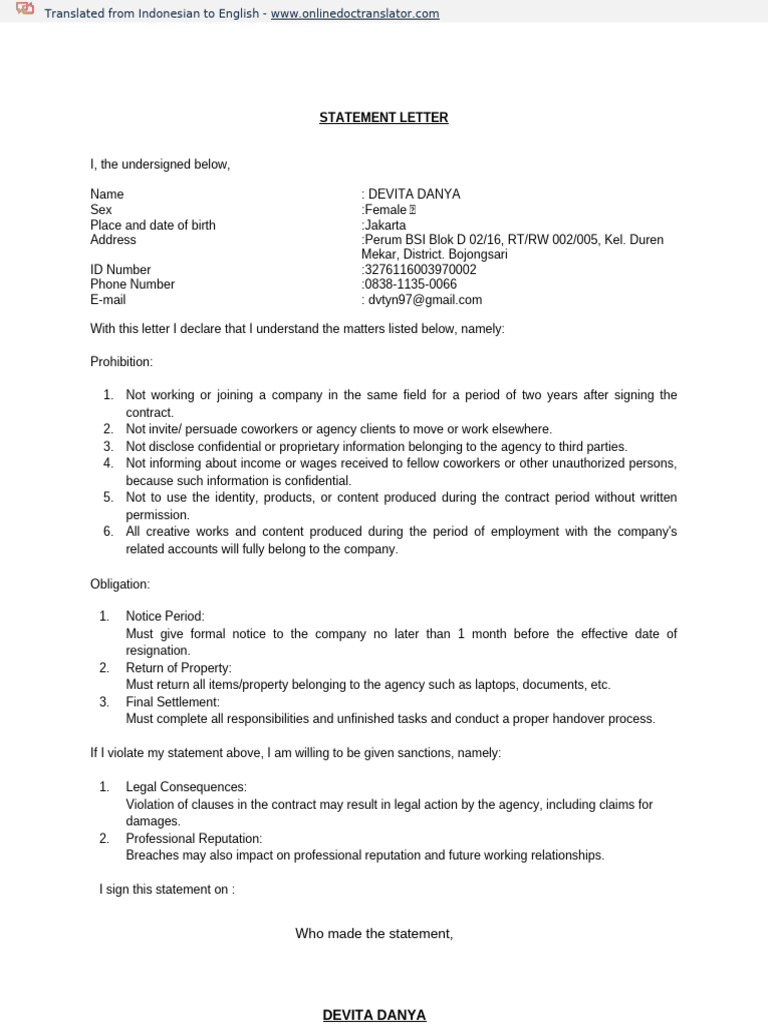 STATEMENT LETTER | PDF | Business Law | Common Law