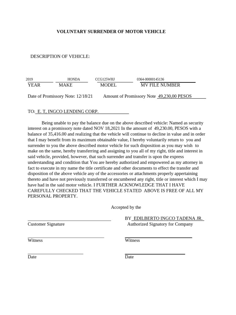 Voluntary Surrender of Motor Vehicle | PDF
