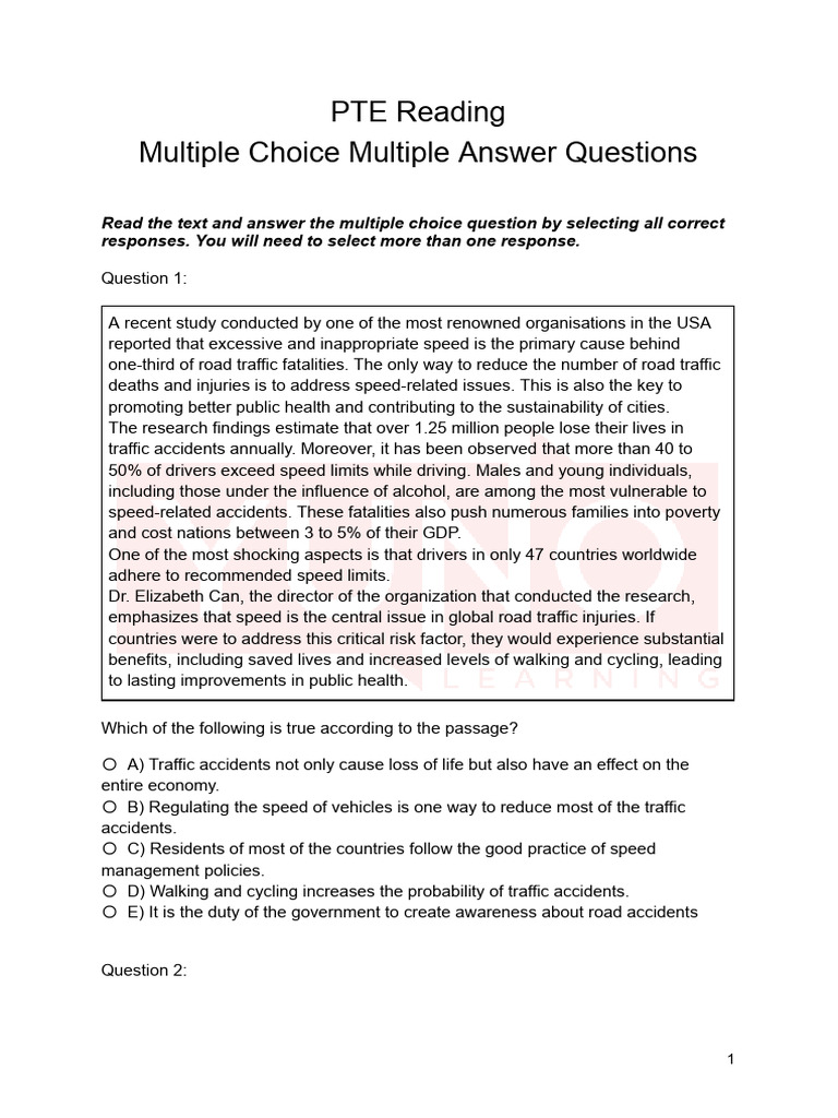 PTE Reading Mutiple Choice Multiple Answer (2) 1698409886 | PDF ...