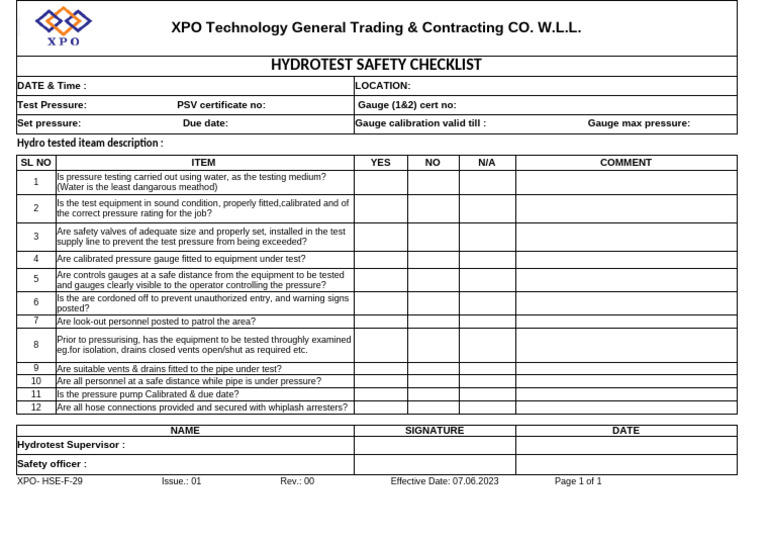 29. Hydrotest Checklist | PDF