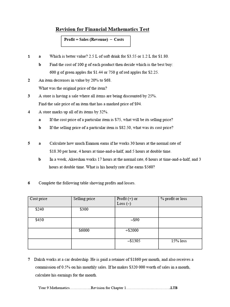 Revision For Financial Test 2024 | PDF | Interest | Prices