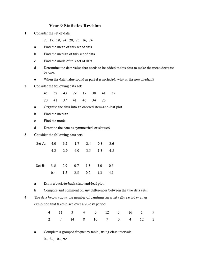 Year 9 Statistics Revision | PDF | Mode (Statistics) | Descriptive ...