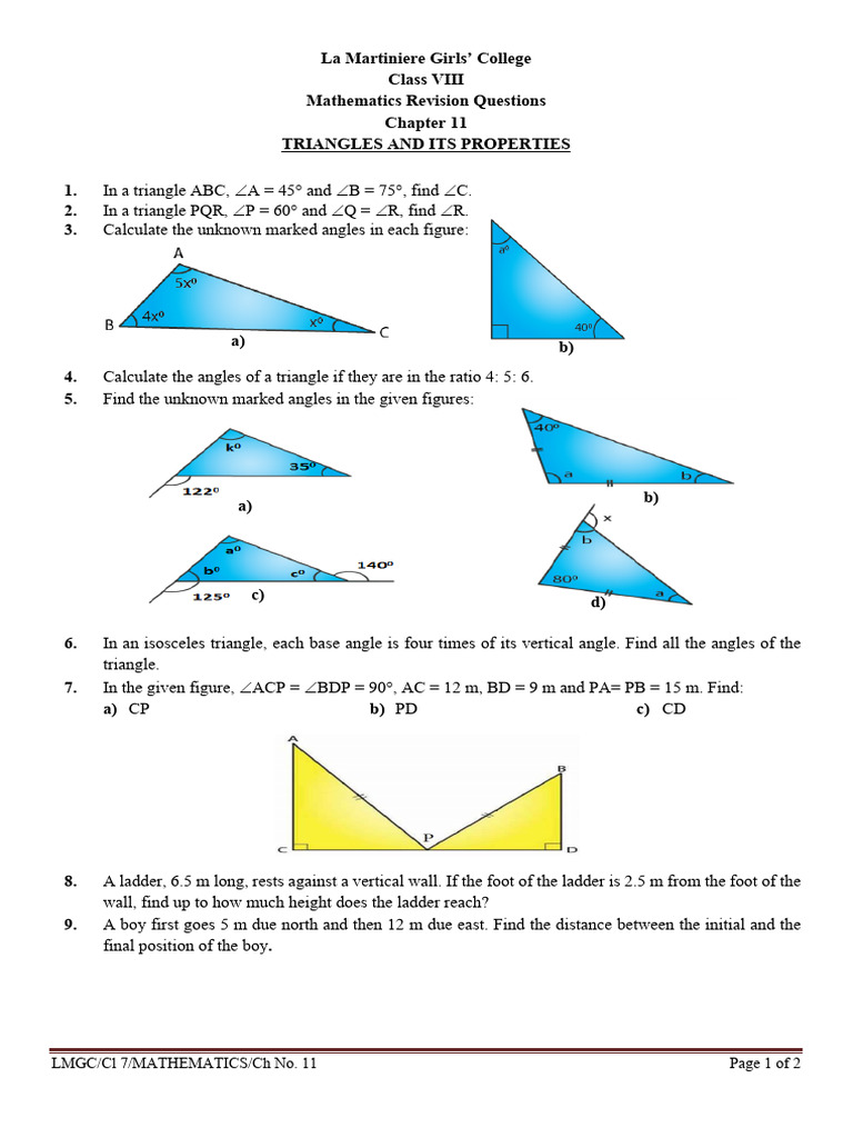 Triangle and Its Properties Revision Questions SKR | PDF | Triangle ...