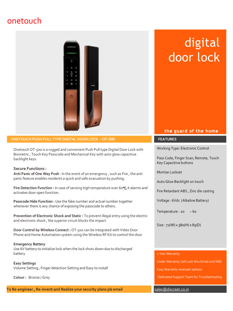 OneTouch OT-500 Digital Door Lock Features | PDF | Capacitor | Electricity