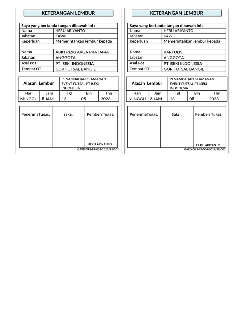 Form Lembur (1) | PDF