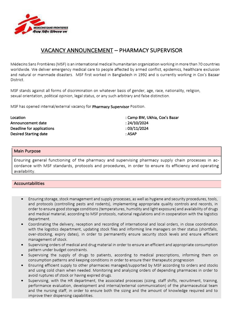 MSF OCP - Vacancy Announcement - Pharmacy Supervisor | PDF | Médecins Sans Frontières | Pharmacy