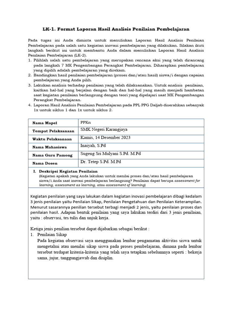 Format Hasil Asesmen Pembelajaran SMKN KRJ | PDF
