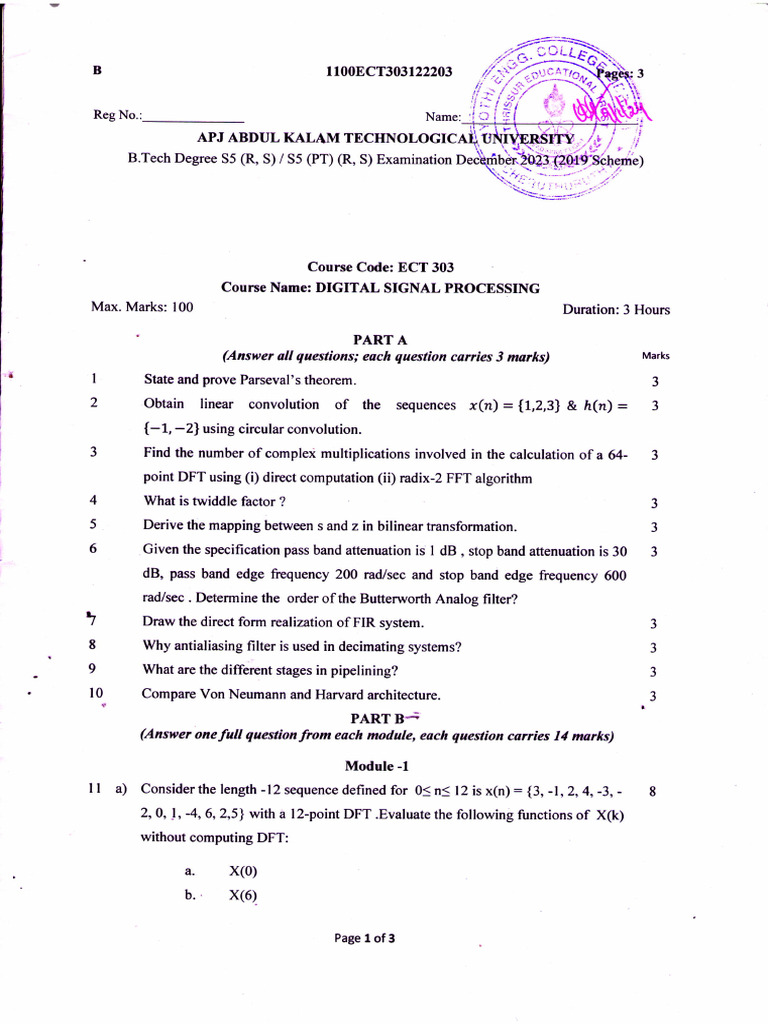 Ect303 Digital Signal Processing, December 2023 | PDF | Digital Signal Processing | Electrical ...