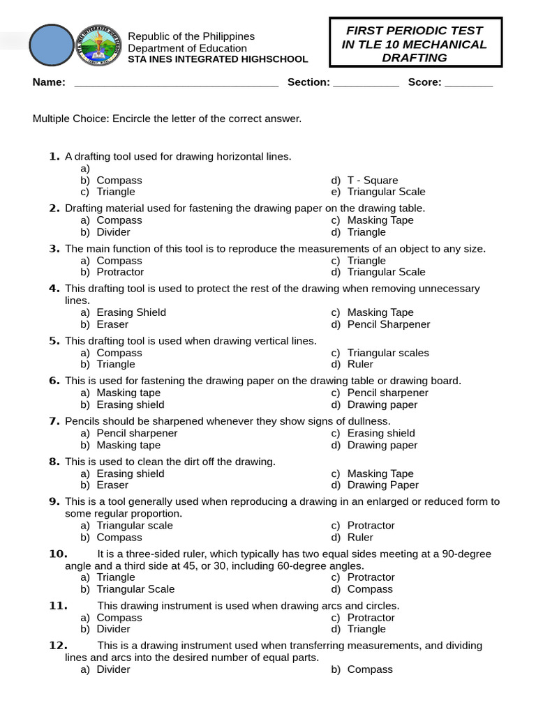 TLE 10 Mechanical Drafting Test | PDF | Tools