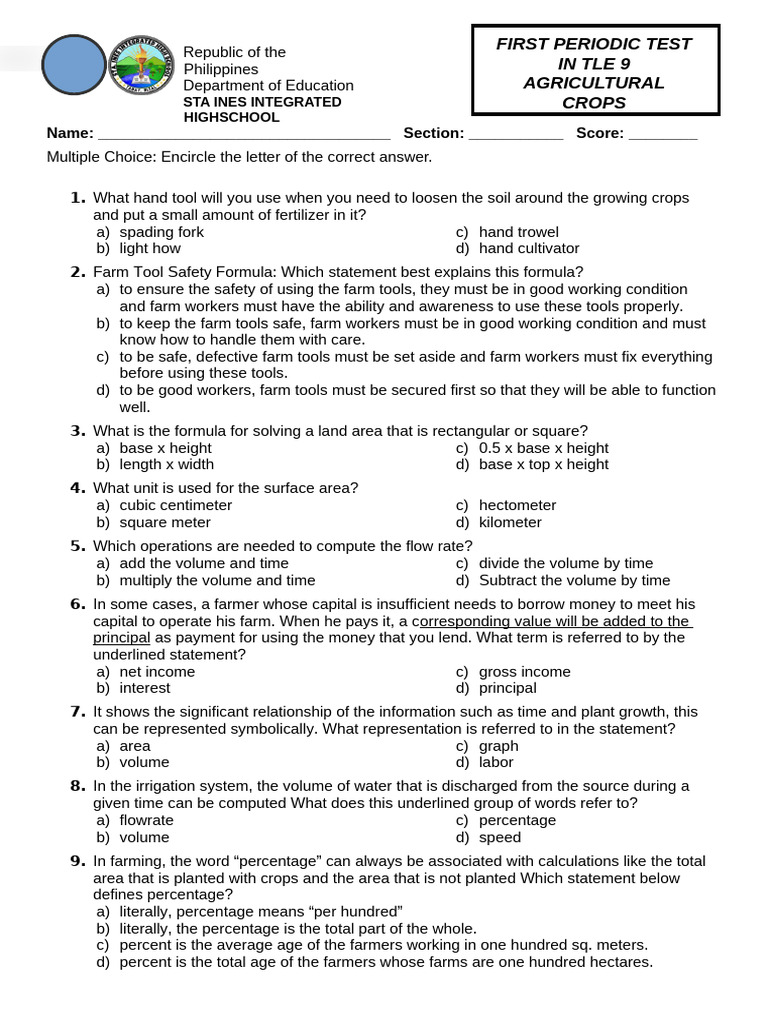 TLE 9 Agricultural Crops Test Questions | PDF | Personal Protective ...