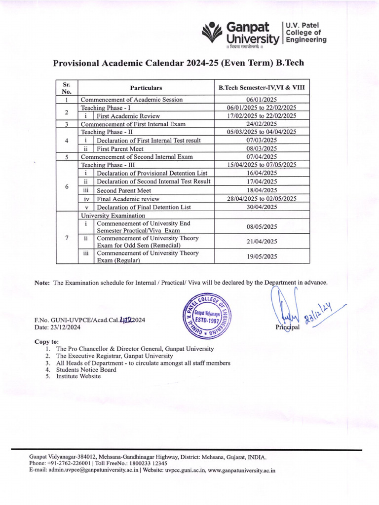 B.tech. Sem-IV, VI, VIII Provisional Academic Calendar Even Term 2024 ...