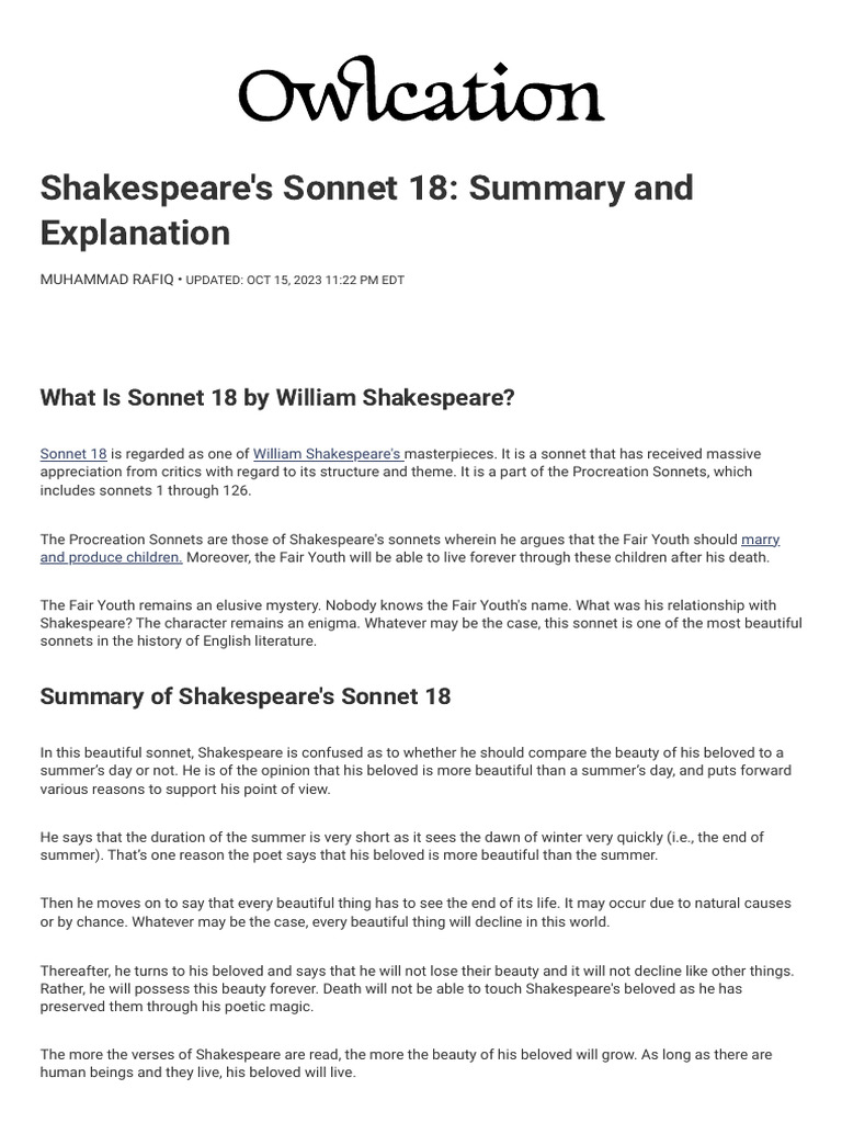 Shakespeare's Sonnet 18_ Summary and Explanation - Owlcation | PDF ...