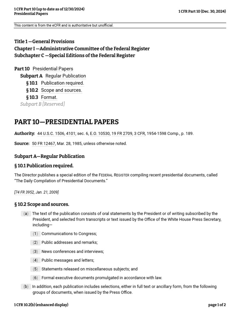 1 CFR Part 10 (Up To Date As of 12-30-2024) | PDF | Code Of Federal ...
