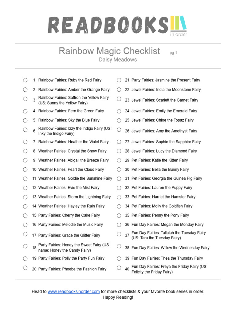 Rainbow Magic Book Series Checklist | PDF | Gemstone | Fairy Tales