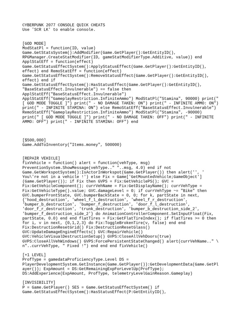 Cyberpunk 2077 Console Quick Cheats | PDF | Video Game Gameplay | Video ...