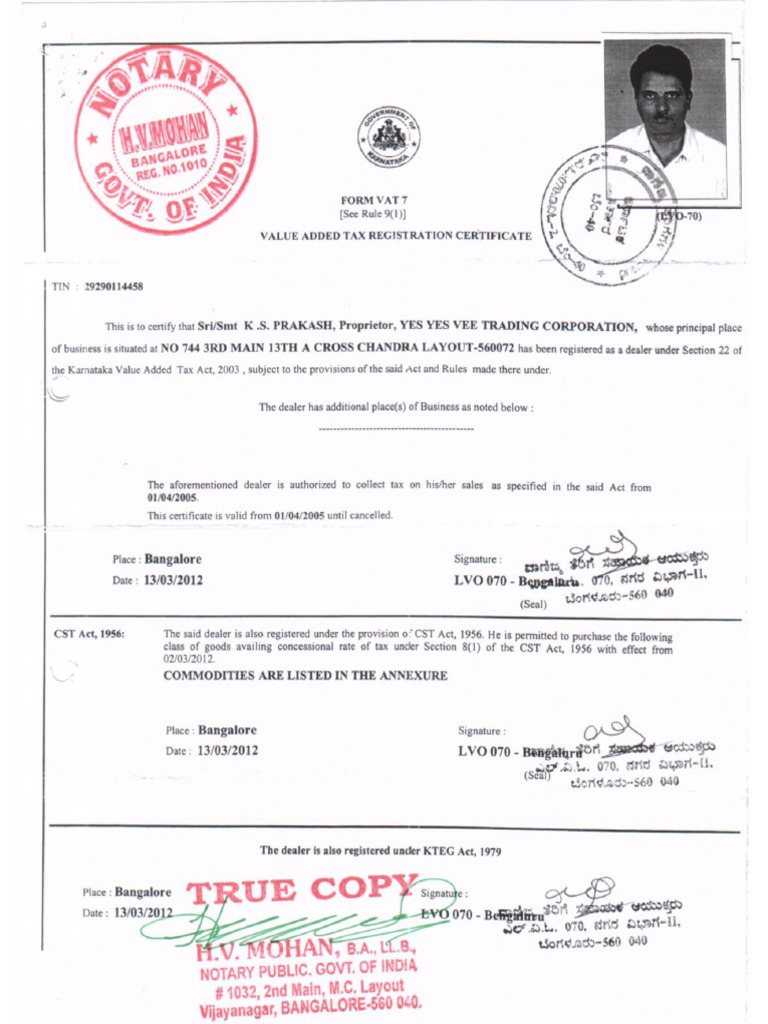 Yes Yes Vee Vat Registration Certificate | PDF
