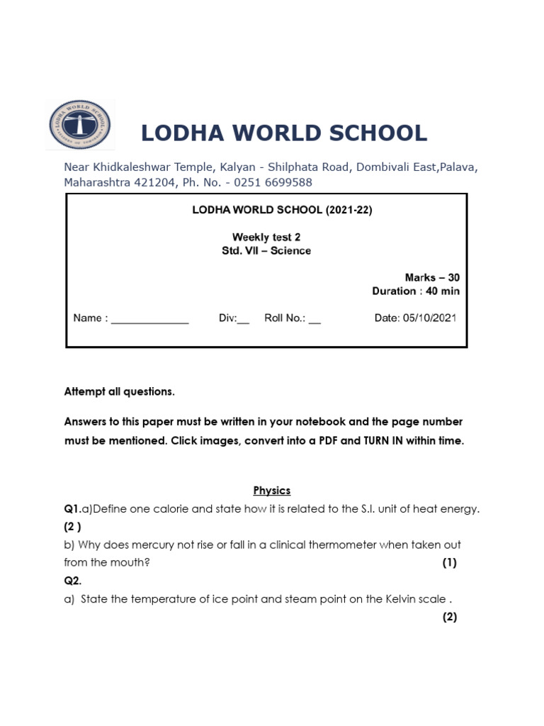 STD VII - Science Weekly Test II - 05 - 10 - 2021 | PDF | Neuron | Axon