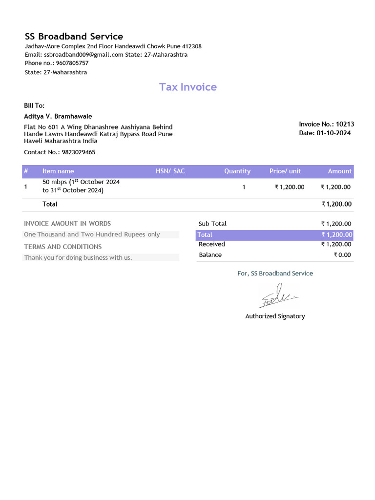 SS Broadband Invoice for October 2024 | PDF