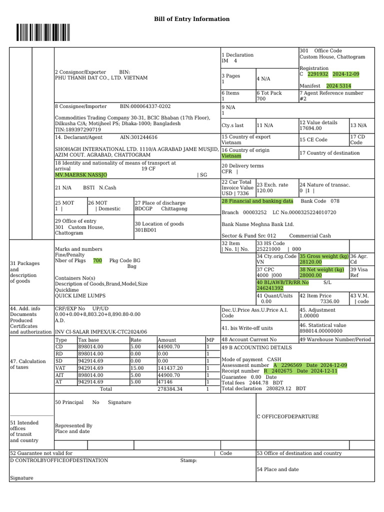 Bill of Entry for Quicklime Import | PDF | Economies | Money