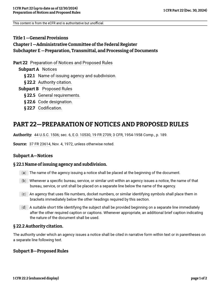 1 CFR Part 22 (Up To Date As of 12-30-2024) | PDF | Code Of Federal ...