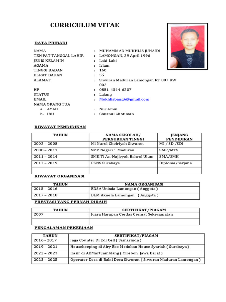 CV Muhammad Mukhlis Junaidi | PDF