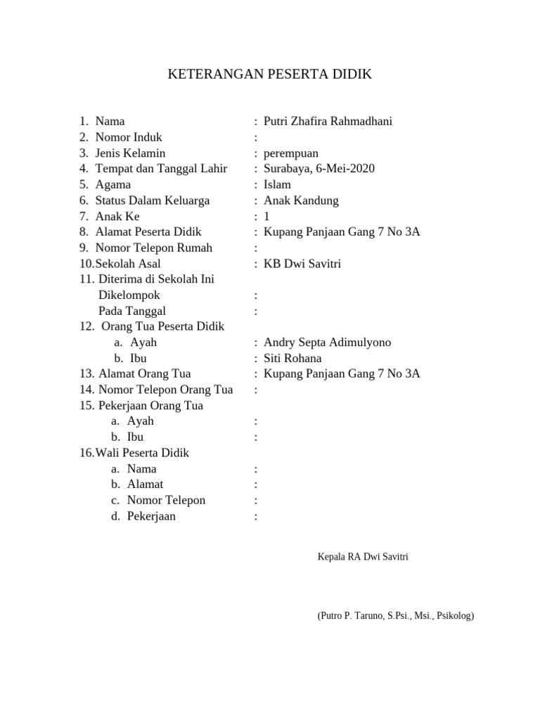 Keterangan Peserta Didik (Data) Putri | PDF