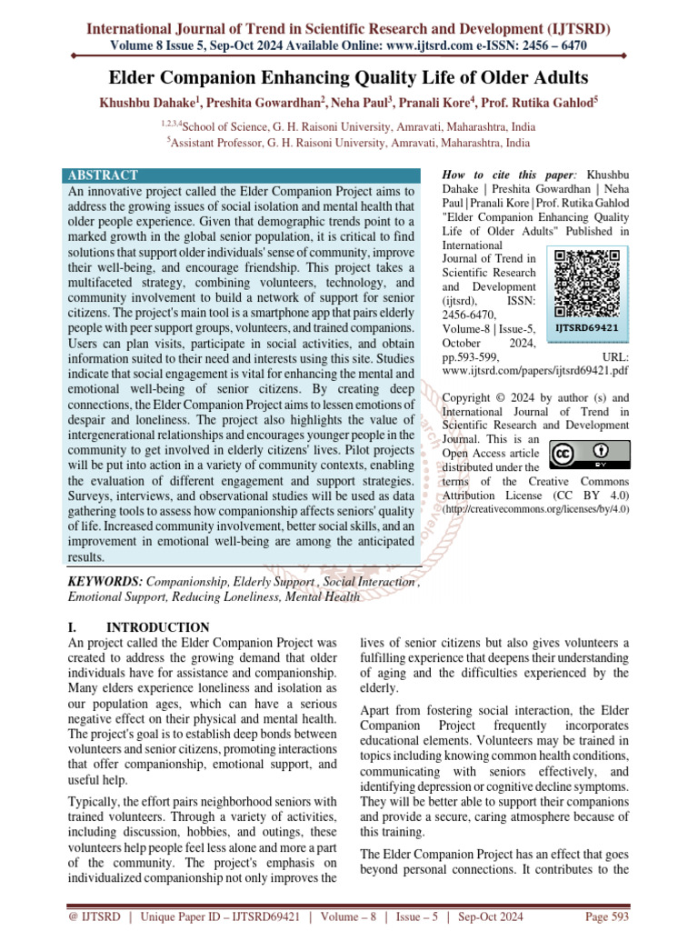 Elder Companion Enhancing Quality Life of Older Adults | PDF ...
