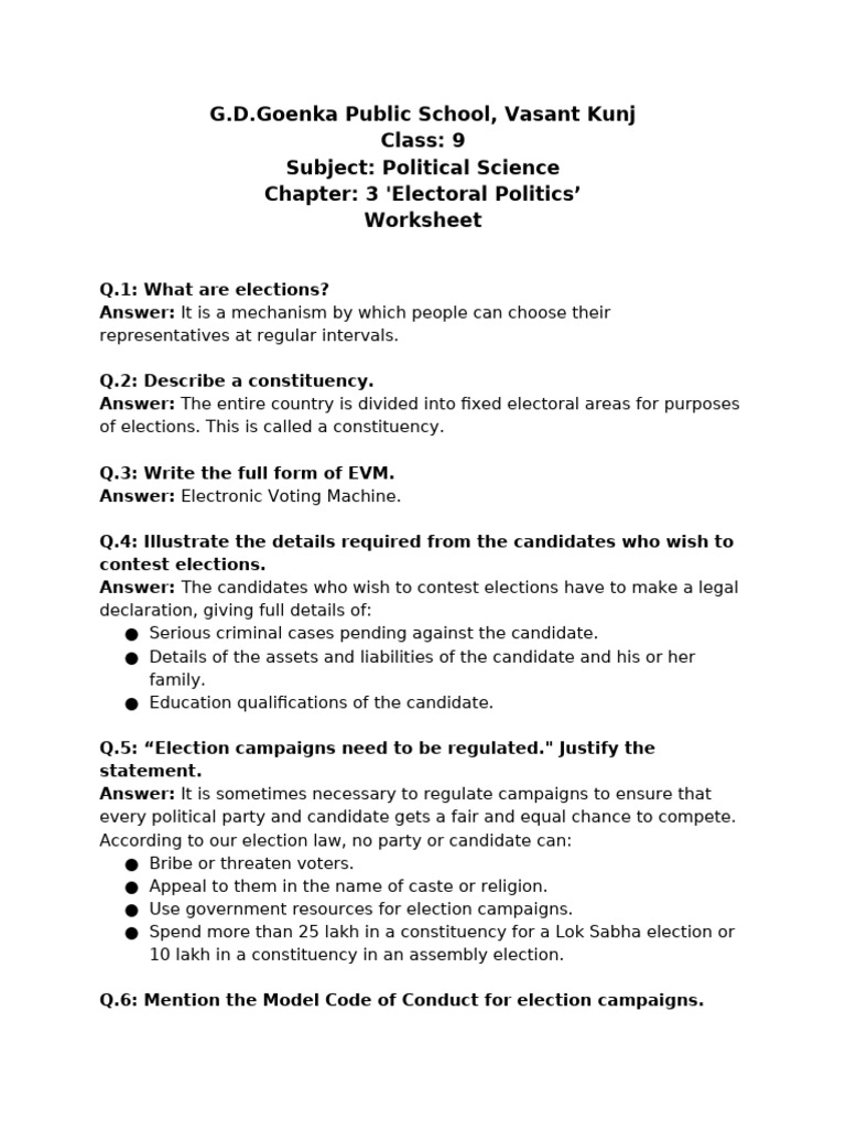 Ch-3 Worksheet | PDF | Elections | Voting