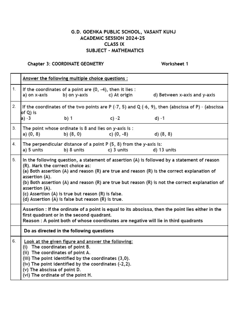 Class 9-Coordinate Geometry - Worksheet 1 (2024-25) | PDF | Cartesian ...