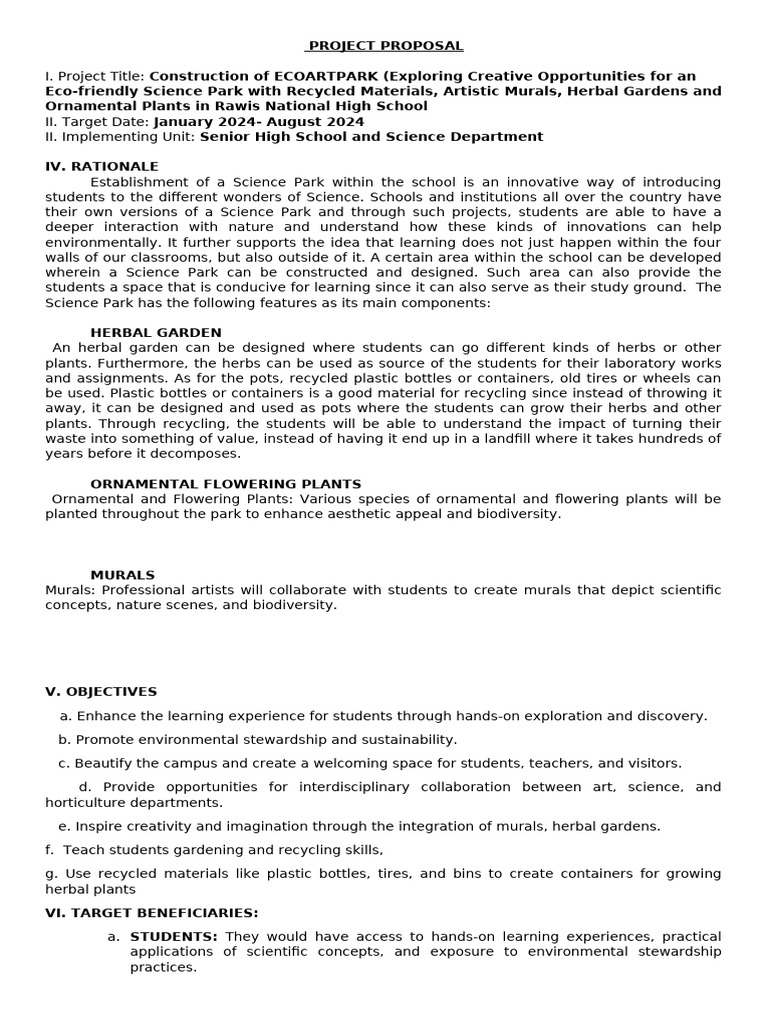EcoArtPark Proposal for Science Education | PDF | Recycling | Parks
