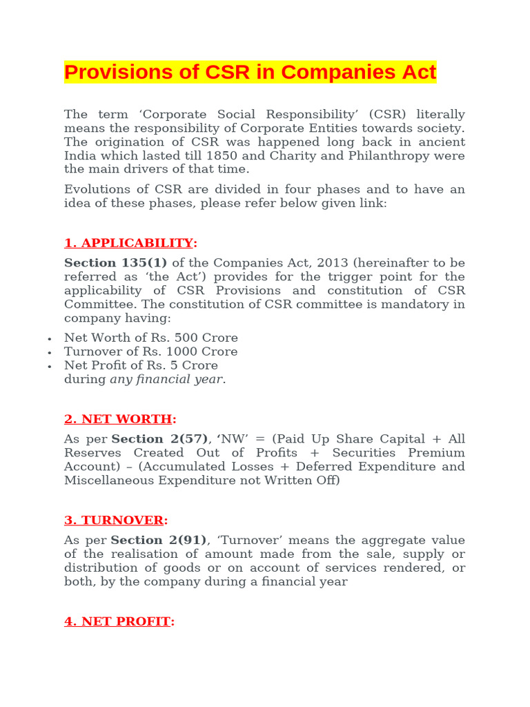 CSR Rules in Companies Act 2013 | PDF | Corporate Social Responsibility | Revenue