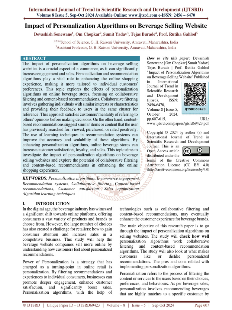 Impact of Personalization Algorithms On Beverage Selling Website | PDF | Data Analysis | Computing